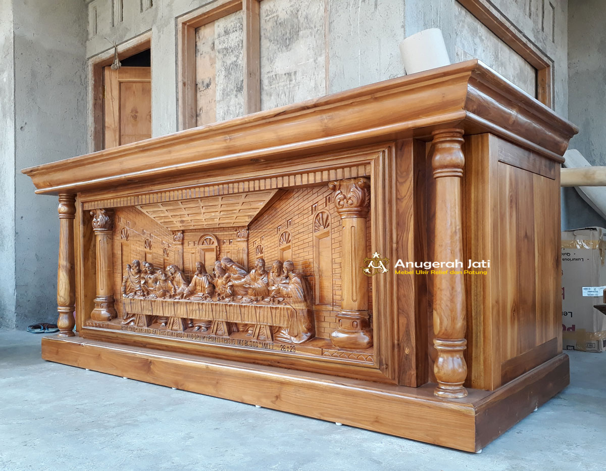 Meja Altar Gereja Ukiran Relief Perjamuan - Anugerah Jati Furniture